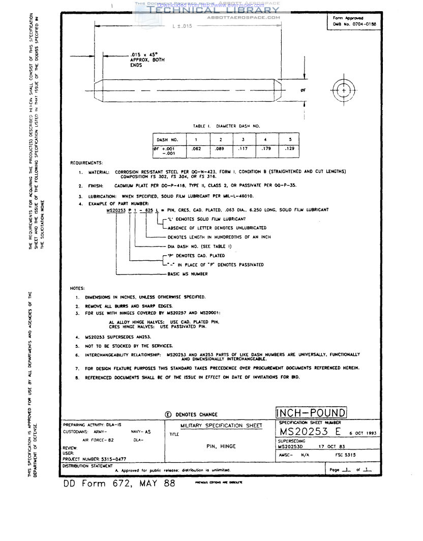 MS20253E Military Specification Sheet-Pin, Hinge - Abbott Aerospace UK Ltd